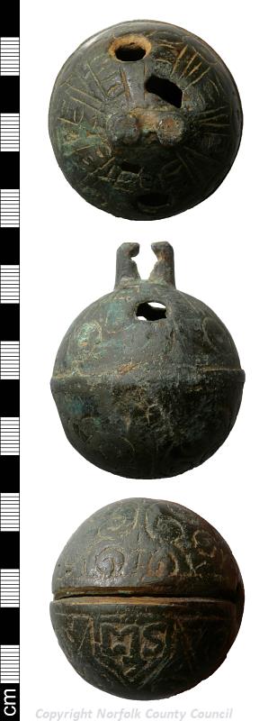 Medieval-coins-and-post-medieval-crotal-bell - Norfolk Heritage Explorer